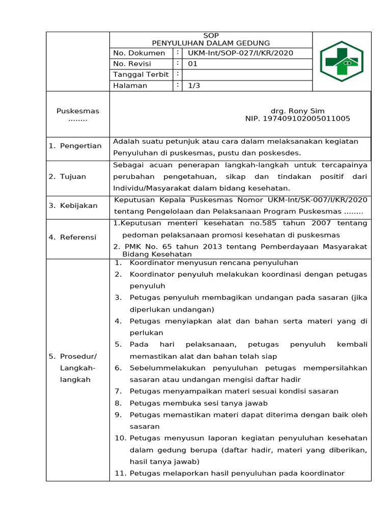 SOP PENYULUHAN Dalam Gedung 2020 | PDF