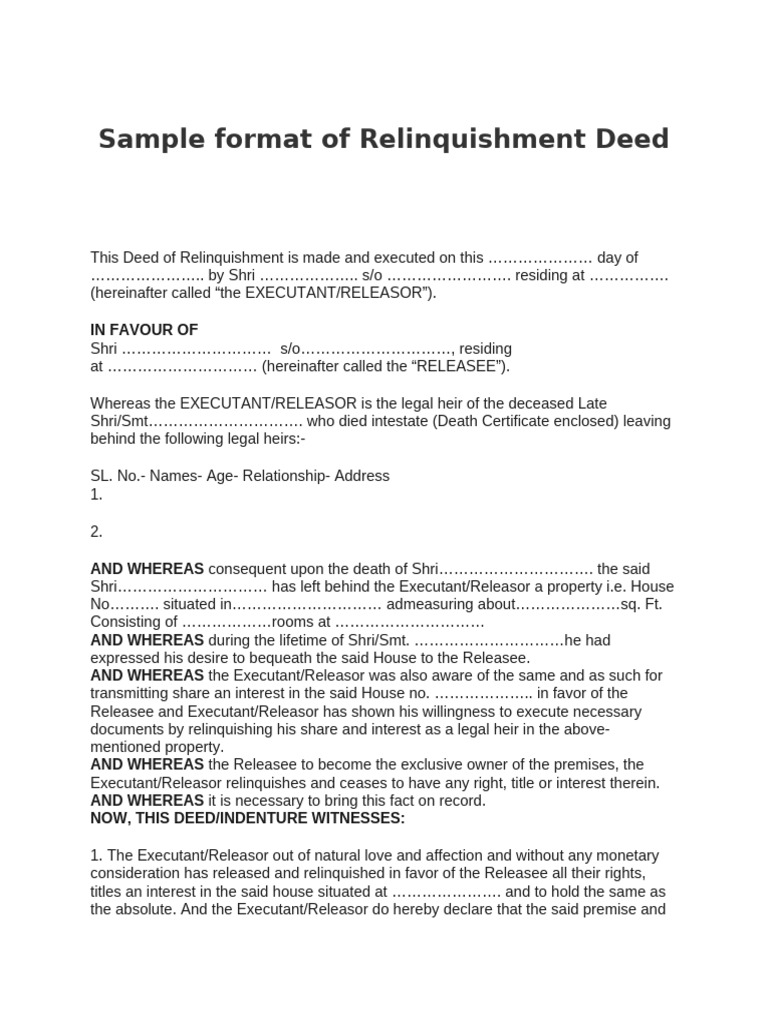 Sample Format of Relinquishment Deed | PDF | Social Stratification | Legal Documents