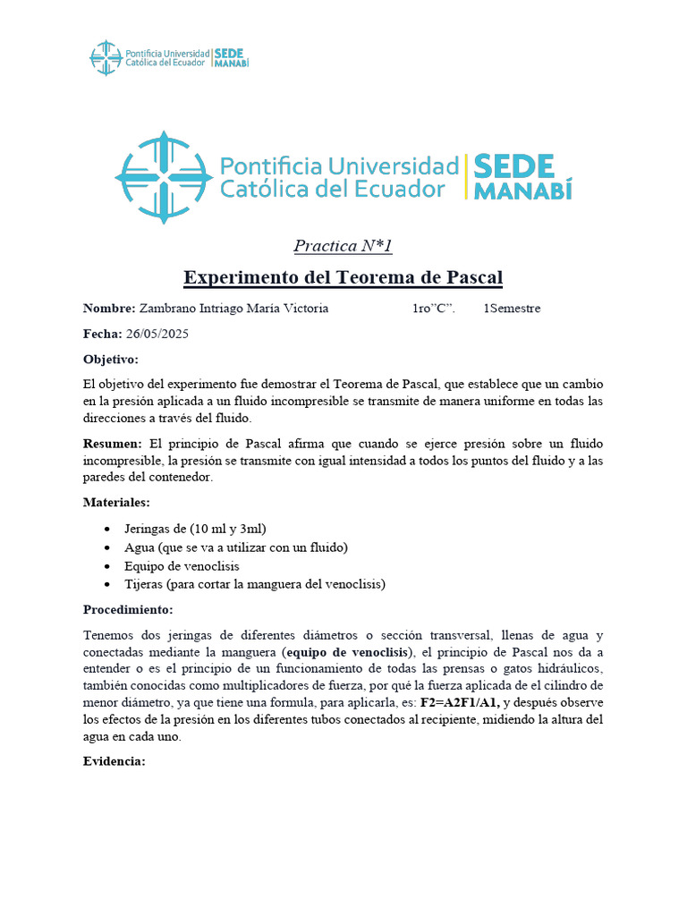 Experimento Del Teorema de Pascal | PDF