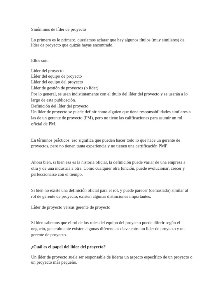 Sinónimos de líder de proyecto | PDF | Gestión de proyectos | Liderazgo