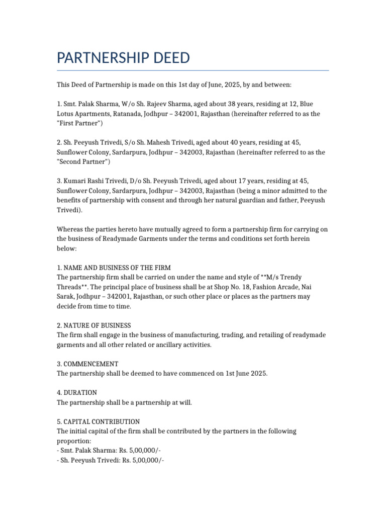 Partnership Deed Trendy Threads Jodhpur | PDF | Partnership | Business ...