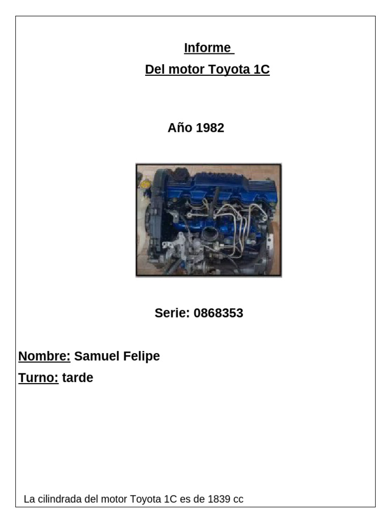 Informe Del Motor Toyota 1C | PDF | Pistón | Propulsión