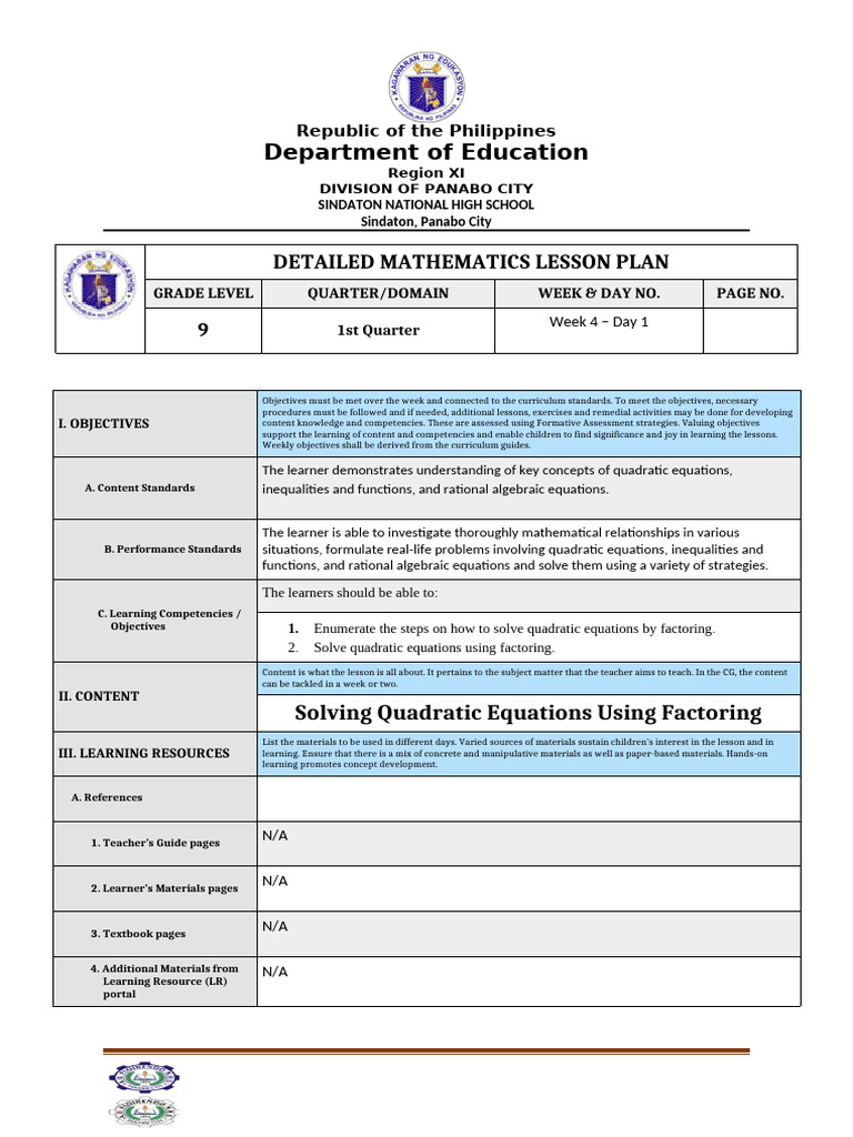 lesson plan math 9 CO 2024 | PDF | Factorization | Learning