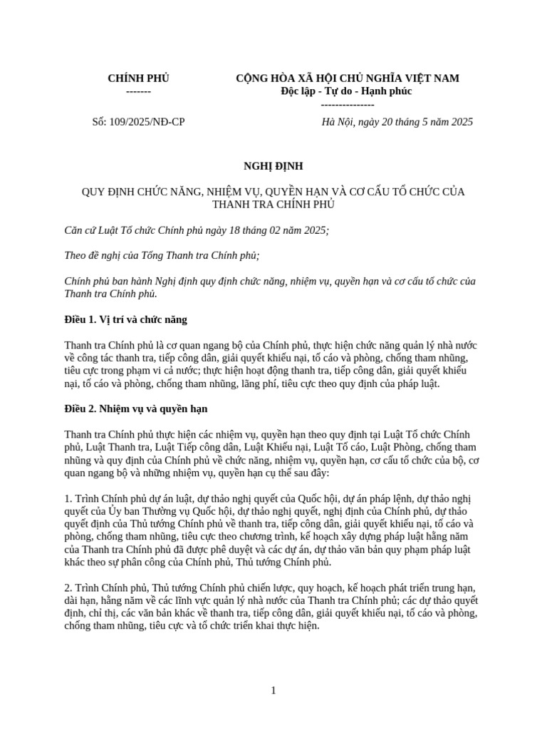 ND 109-2025-ND-CP - 250520 - Chuc Nang, Co Cau Thanh Tra CP | PDF