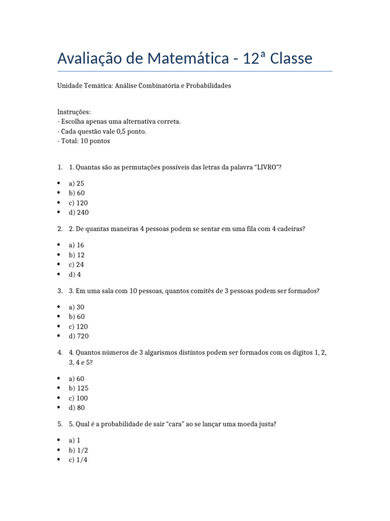 Avaliacao Matematica 12classe | PDF | Probabilidade | Matemática