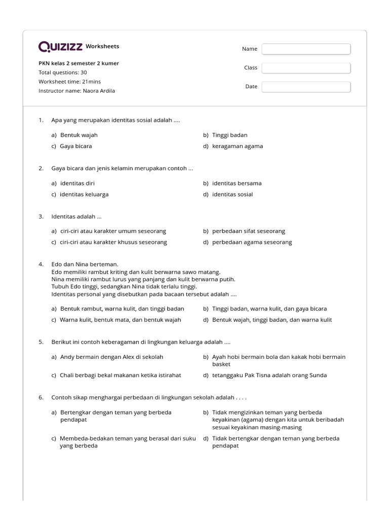 PKN kelas 2 semester 2 kumer _ Quizizz | PDF