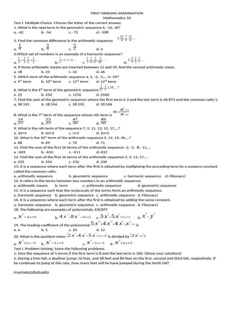 FIRST GRADING EXAMINATION (Math 10) | PDF | Sequence | Mean