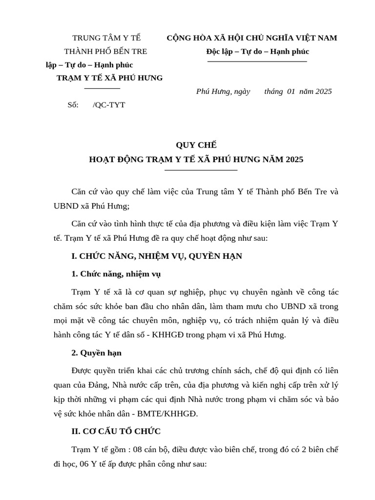 Quy Che Hoat Dong Tram y Tê Năm 2025 | PDF