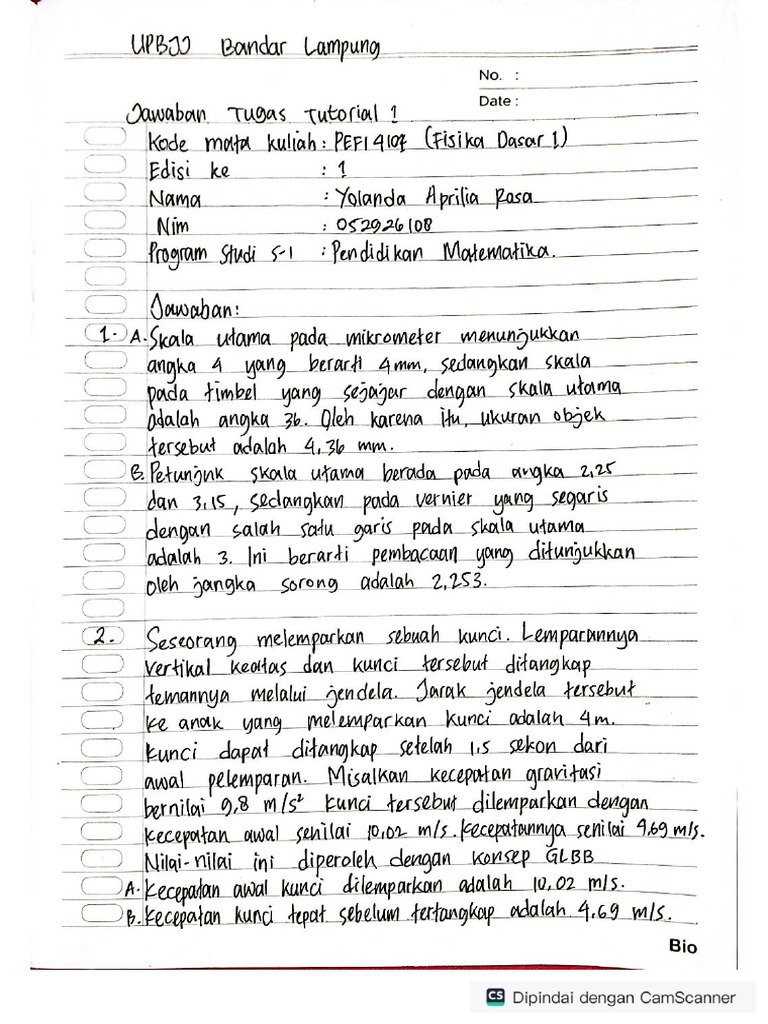 Jawaban Tugas1 Fisika Dasar1 Yolanda Aprilia Rosa | PDF