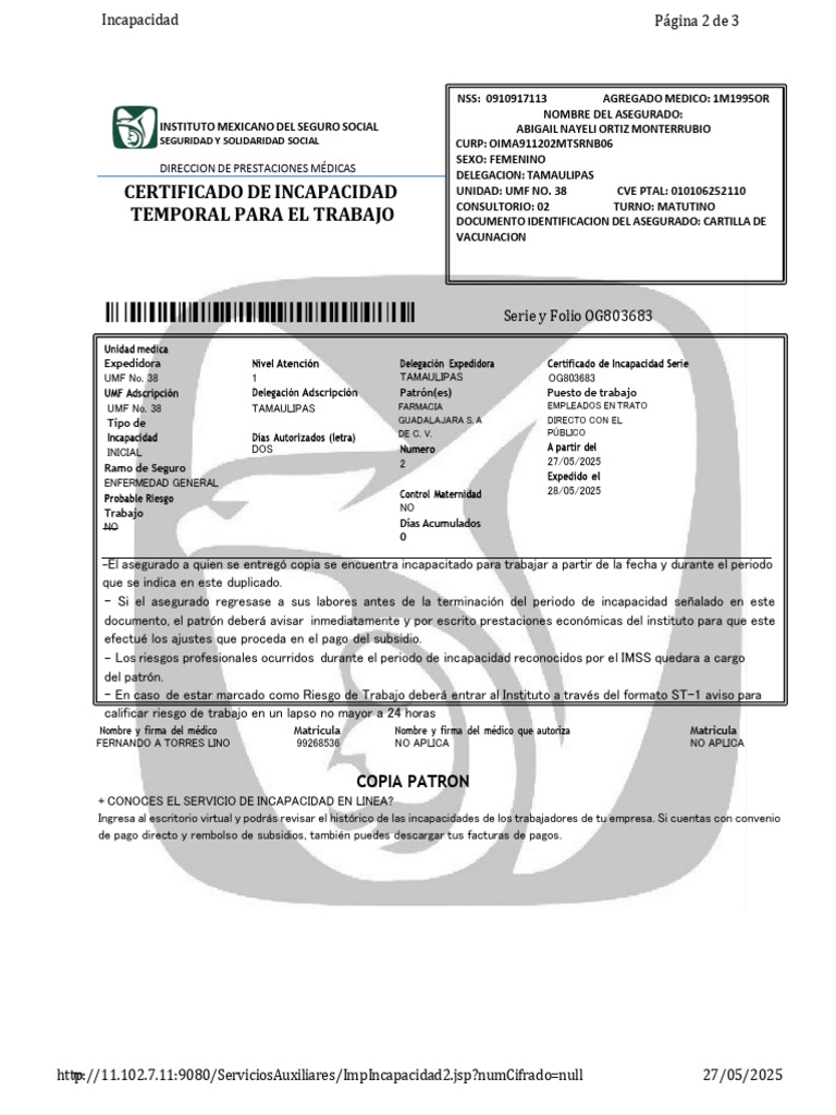 Certificado de Incapacidad Temporal IMSS | PDF