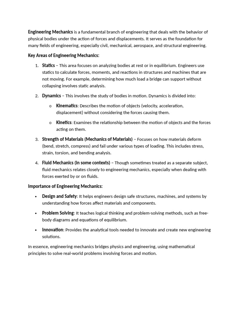 Engineering Mechanics Is A Fundamental Branch of Engineering That Deals ...