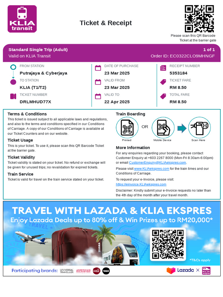 KLIA Transit E-Ticket - DRLMHUD77X | PDF | Public Transport