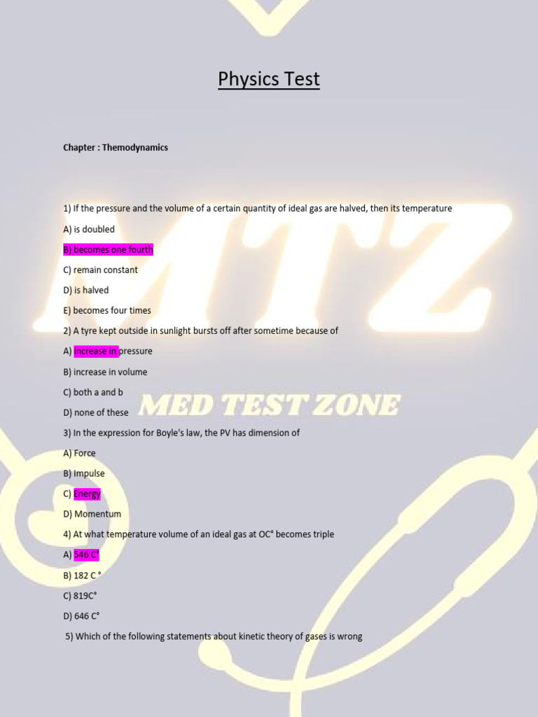 Thermodynamics Physics Test Questions | PDF | Gases | Heat