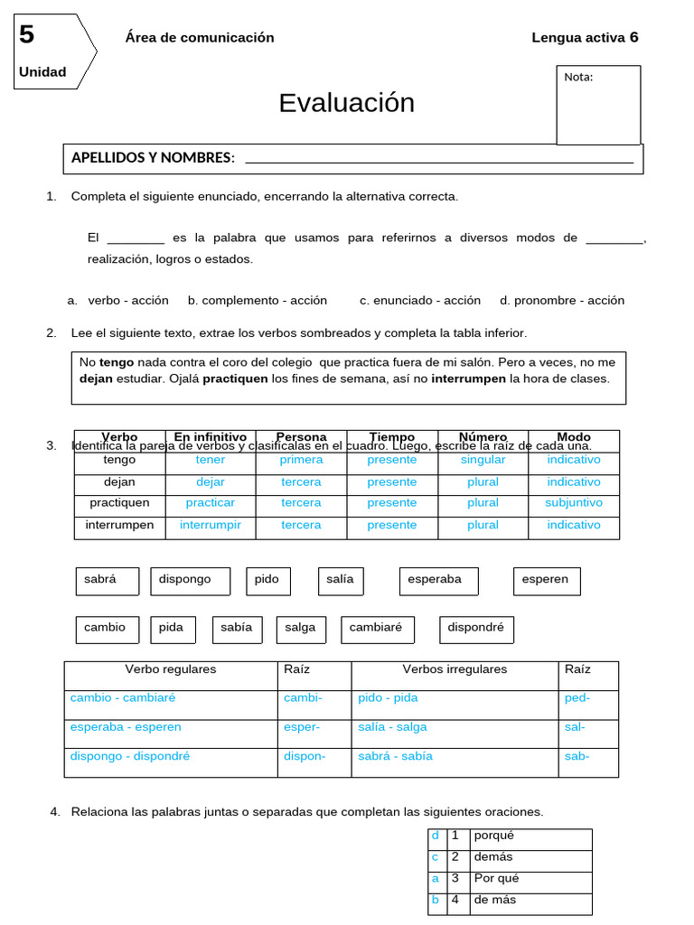 Evaluación U5 | PDF | Verbo | Plural
