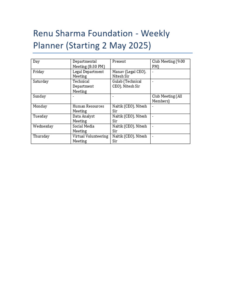 Renu Sharma Foundation Weekly Planner | PDF