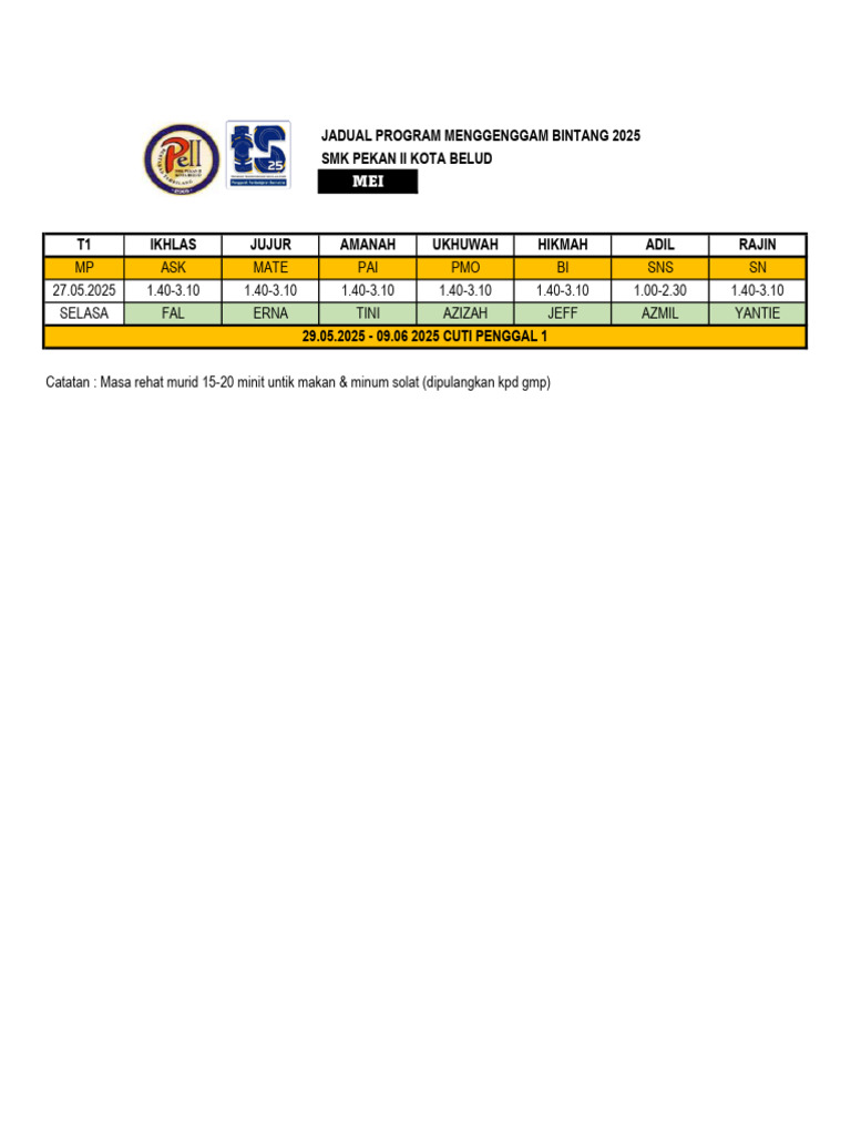 Jadual PMG & KTT Mei 2025 | PDF