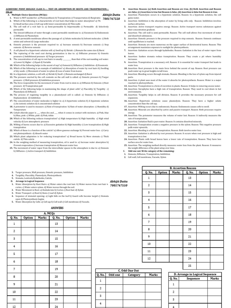 Biology Test: Root Absorption & Transpiration | PDF | Osmosis | Stoma