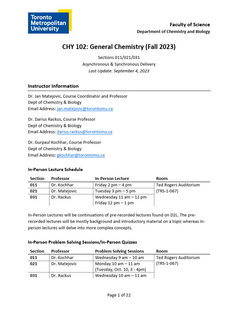 CHY 102 - Course Outline - Fall 2023 | PDF | Chemical Equilibrium | Academic Dishonesty