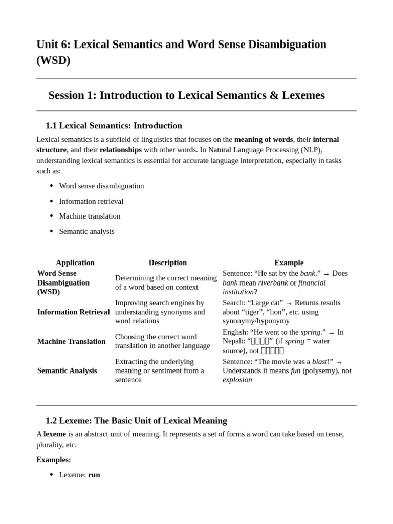 Unit 6 - Lexical Semantics and Word Sense Disambiguation (WSD) | PDF | Semantics | Lexical Semantics