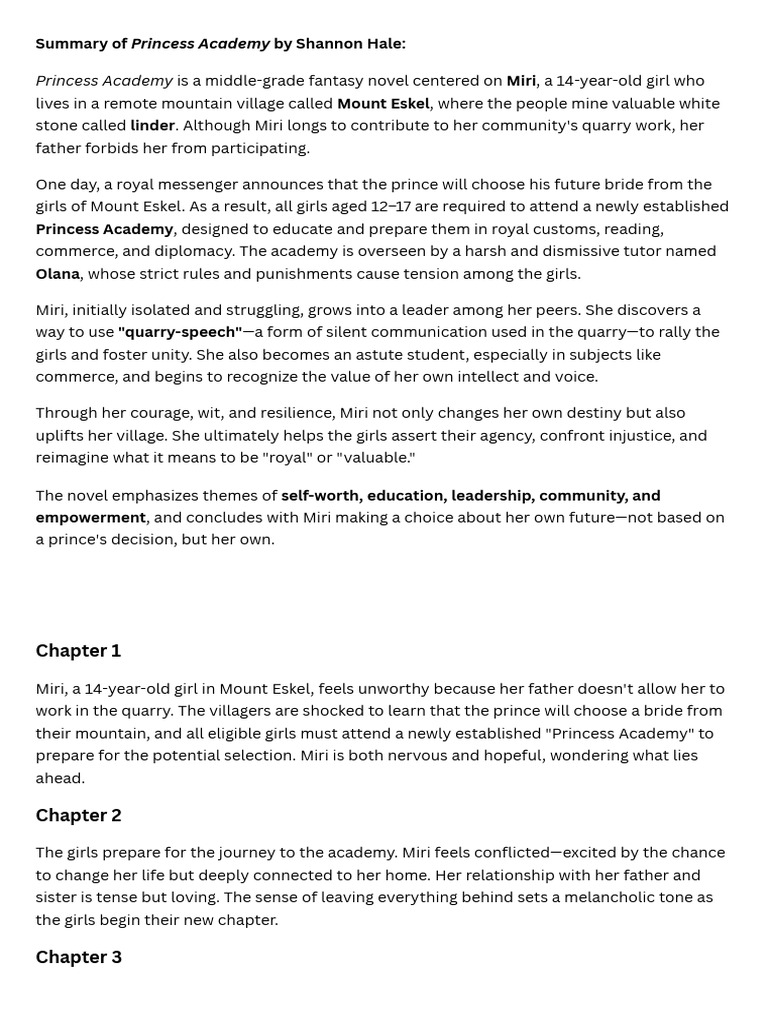Summary of Princess Academy | PDF