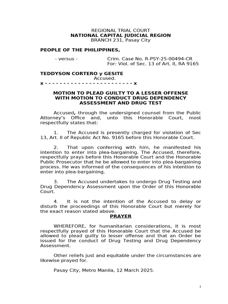 Motion For PB - Teddyson Cortero | PDF | Plea Bargain | Misconduct
