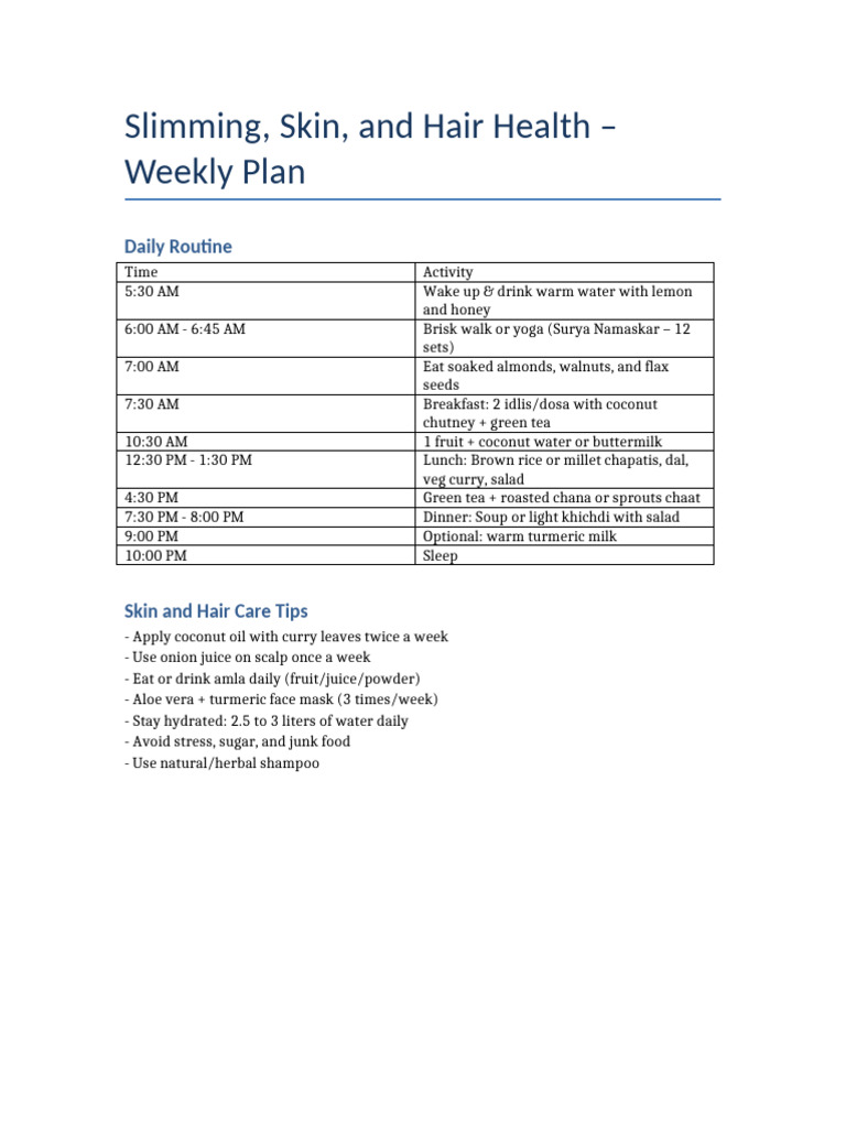 Weekly Slim Skin Hair Plan | PDF