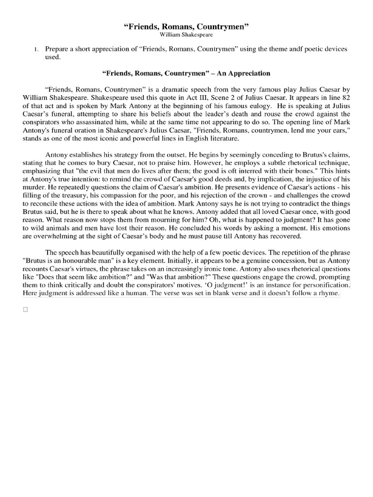 Friends, Romans, Countrymen Notes by Sirajudheen P | PDF