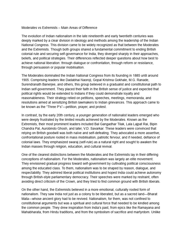 Moderates Vs Extremists - Main Areas of Difference | PDF | British Raj ...