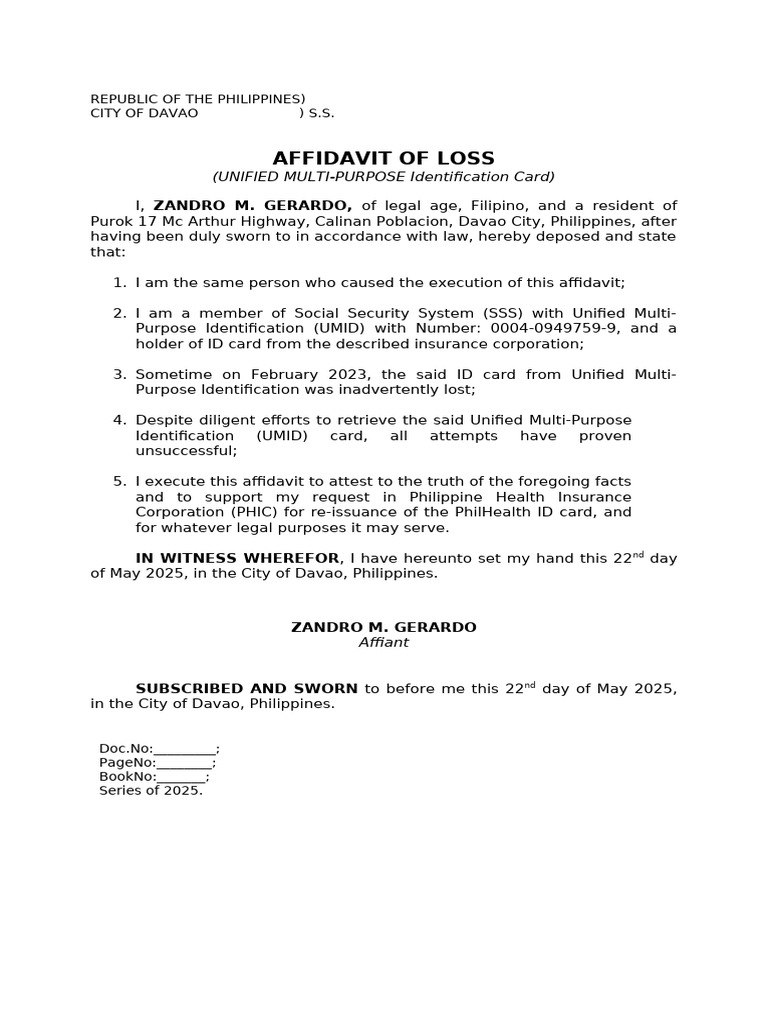Affidavit of Loss - School ID | PDF