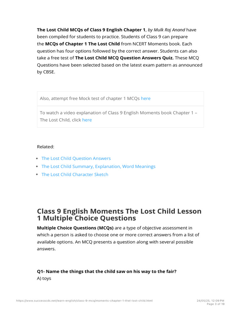 The Lost Child MCQs With Answers NCERT Class 9 English Chapter 1 | PDF ...