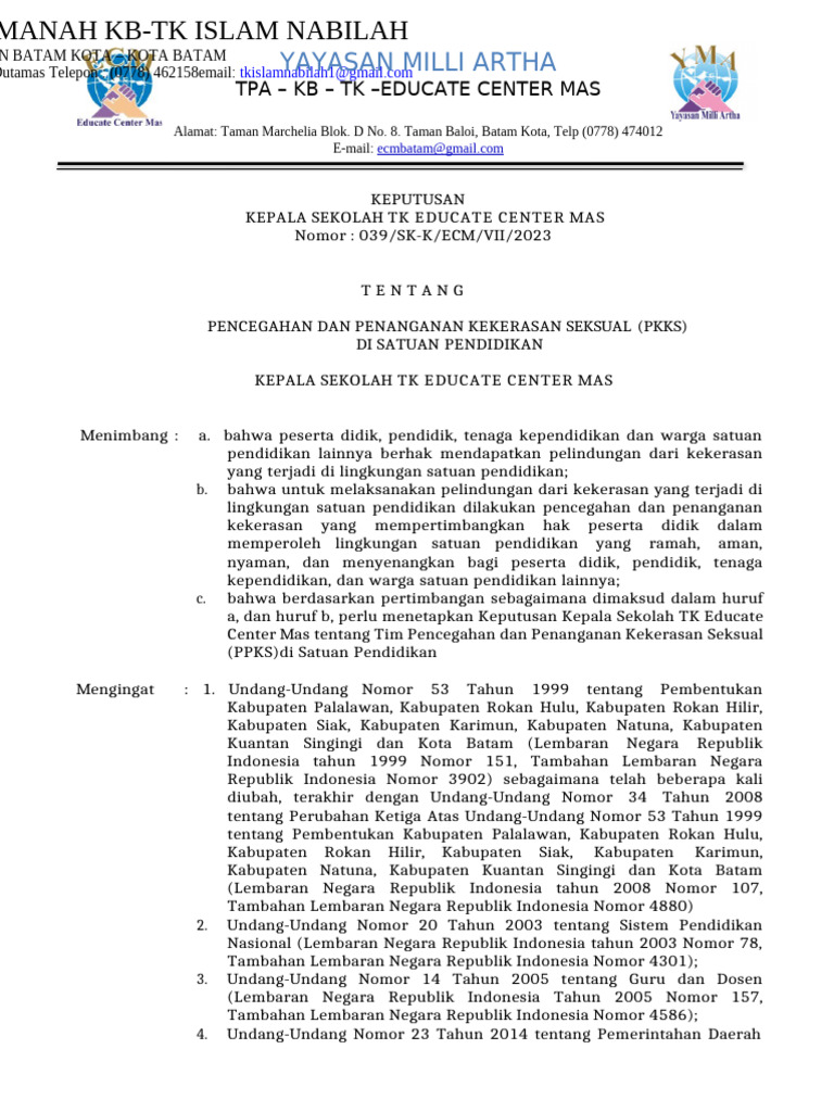 SK TPPK Satuan Pendidikan (1)Tk Ecm 2024 | PDF