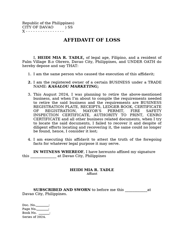 Affidavit of Loss for Business Documents | PDF