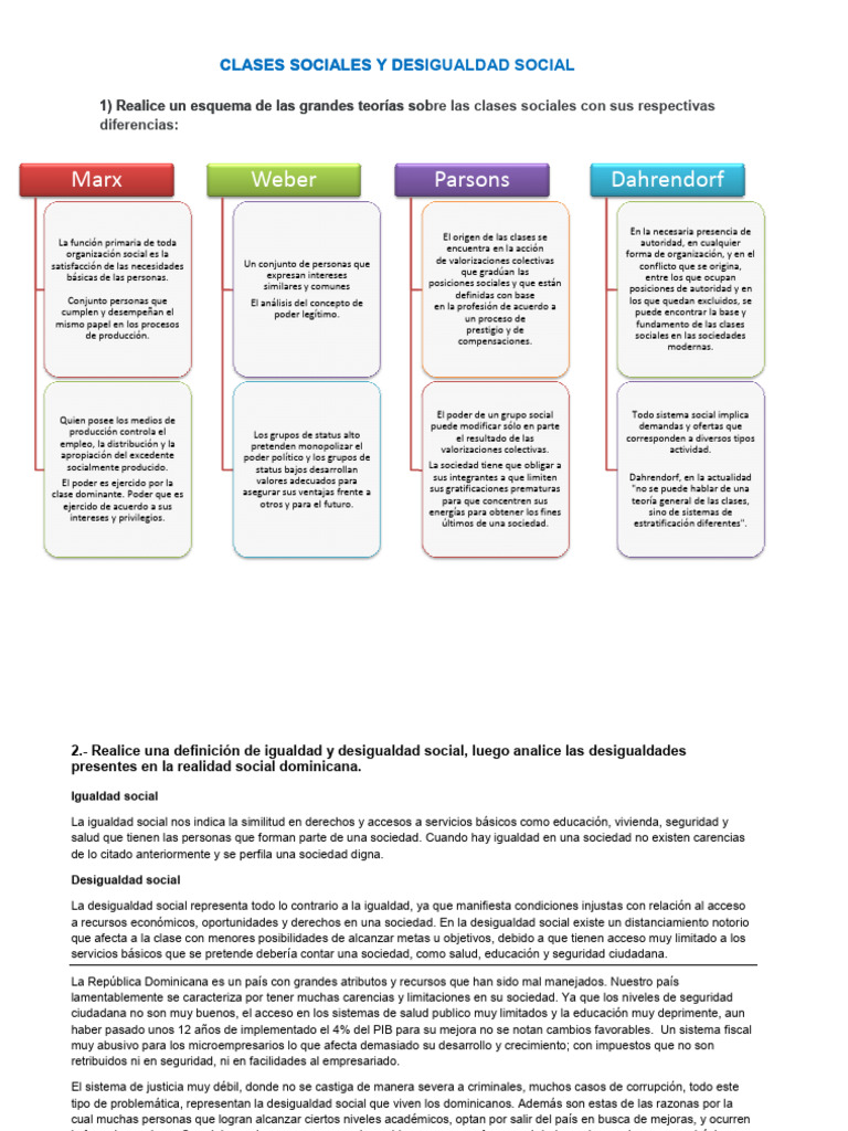 Esquema Sobre Clases Sociales y Desigualdad Social, Según Weber, Marx ...