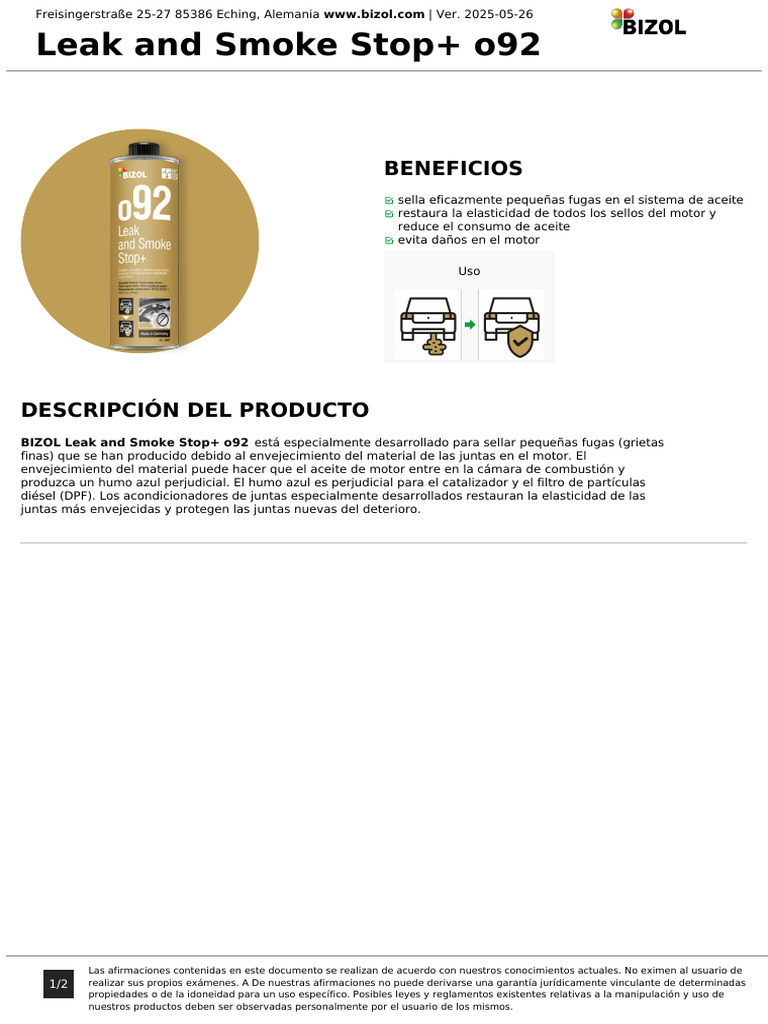 Leak and Smoke Stop+ O92-Español-2025-05-26 | PDF | Aceite de motor
