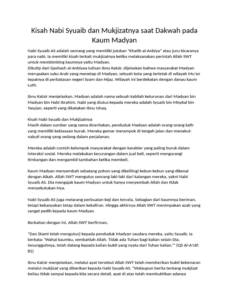 Kisah Nabi Syuaib dan Mukjizatnya saat Dakwah pada Kaum Madyan | PDF