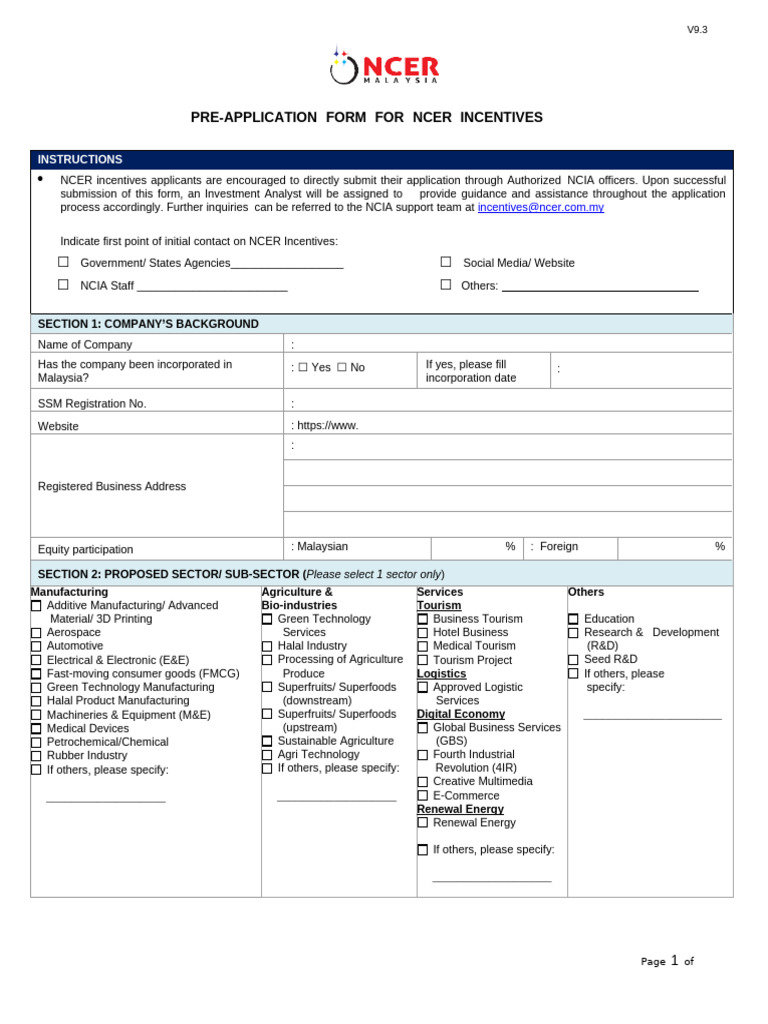 2022 NCER Incentives Pre App Form | PDF | Economies