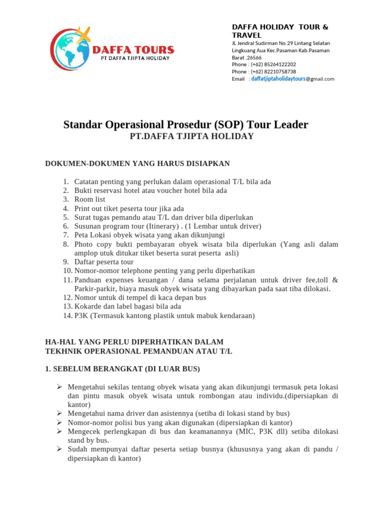SOP Tour Leader Daffa Holiday Travel | PDF