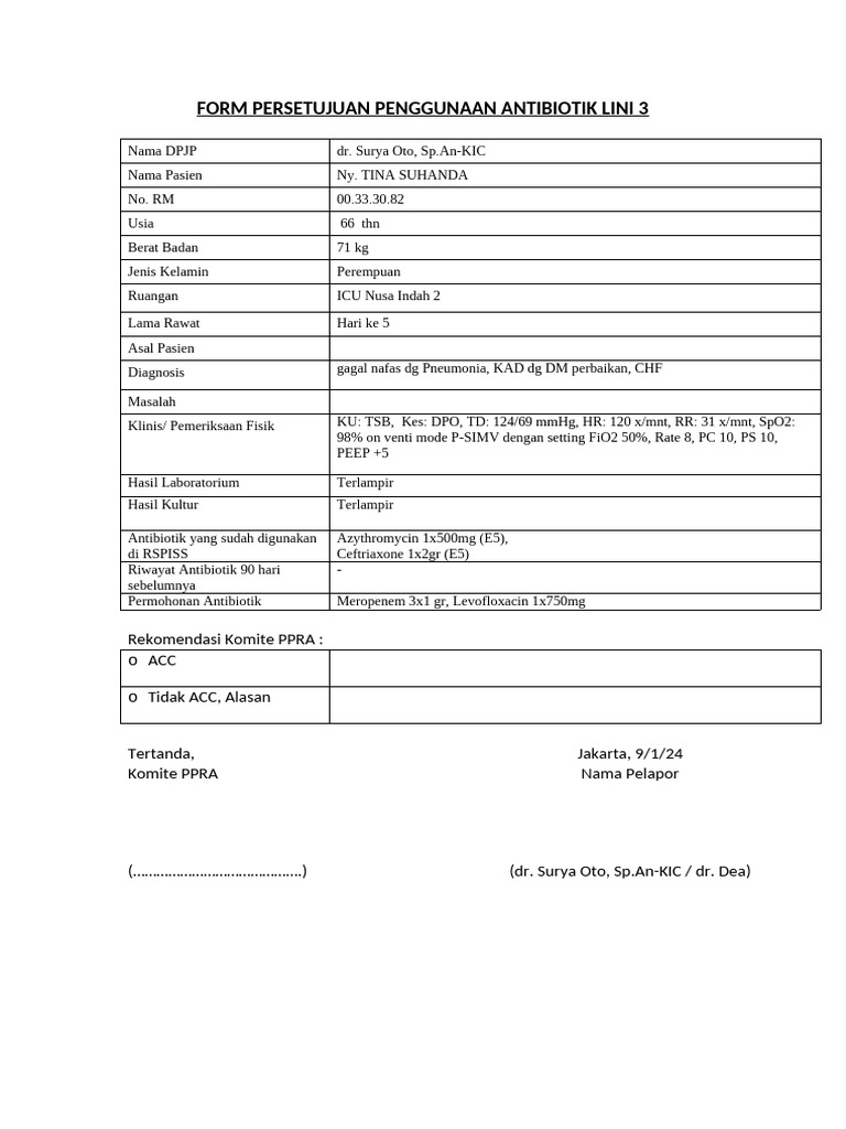 FORM PERSETUJUAN PENGGUNAAN ANTIBIOTIK LINI 3.charly | PDF