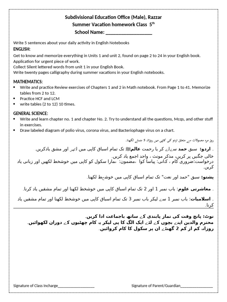 5th Summer Vacations Task | PDF