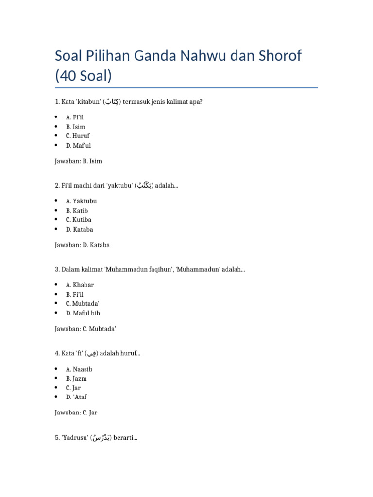 Soal Nahwu Shorof 40 Soal | PDF