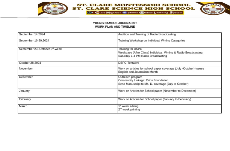 Young Campus Journalist Plan and Timeline | PDF