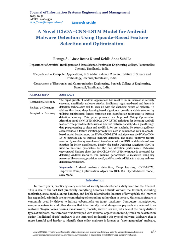 A Novel IChOA-CNN-LSTM Model For Android Malware Detection Using Opcode-Based Feature Selection ...