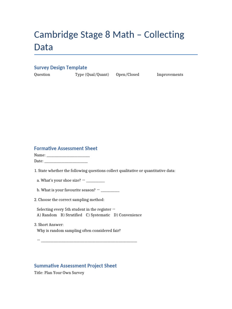 Stage8 Collecting Data Worksheets | PDF