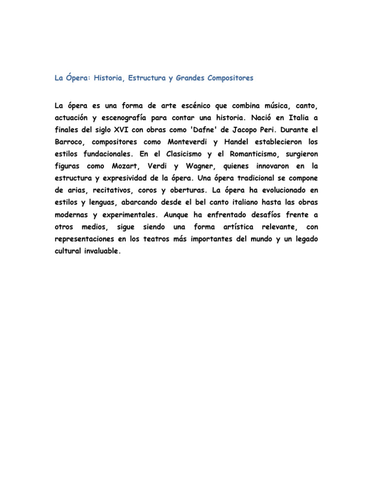 La Ópera Historia, Estructura y Grandes Compositores | PDF