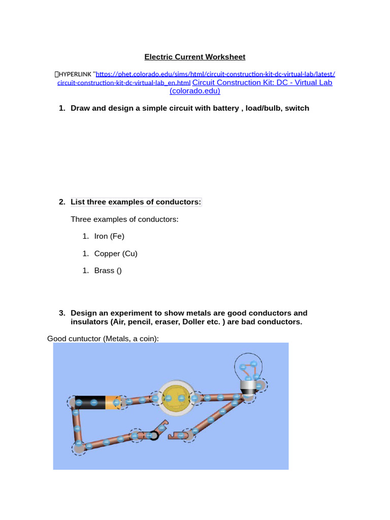 Electric Current Worksheet | PDF