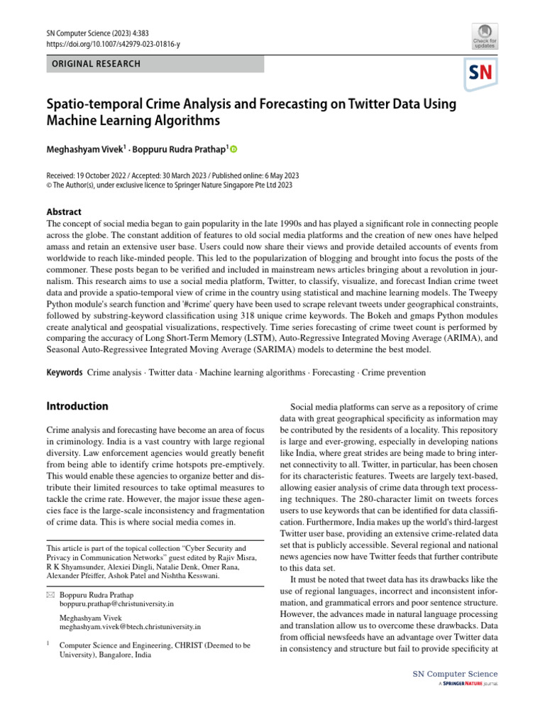 Spatio-Temporal Crime Analysis and Forecasting On Twitter Data Using Machine Learning Algorithms ...