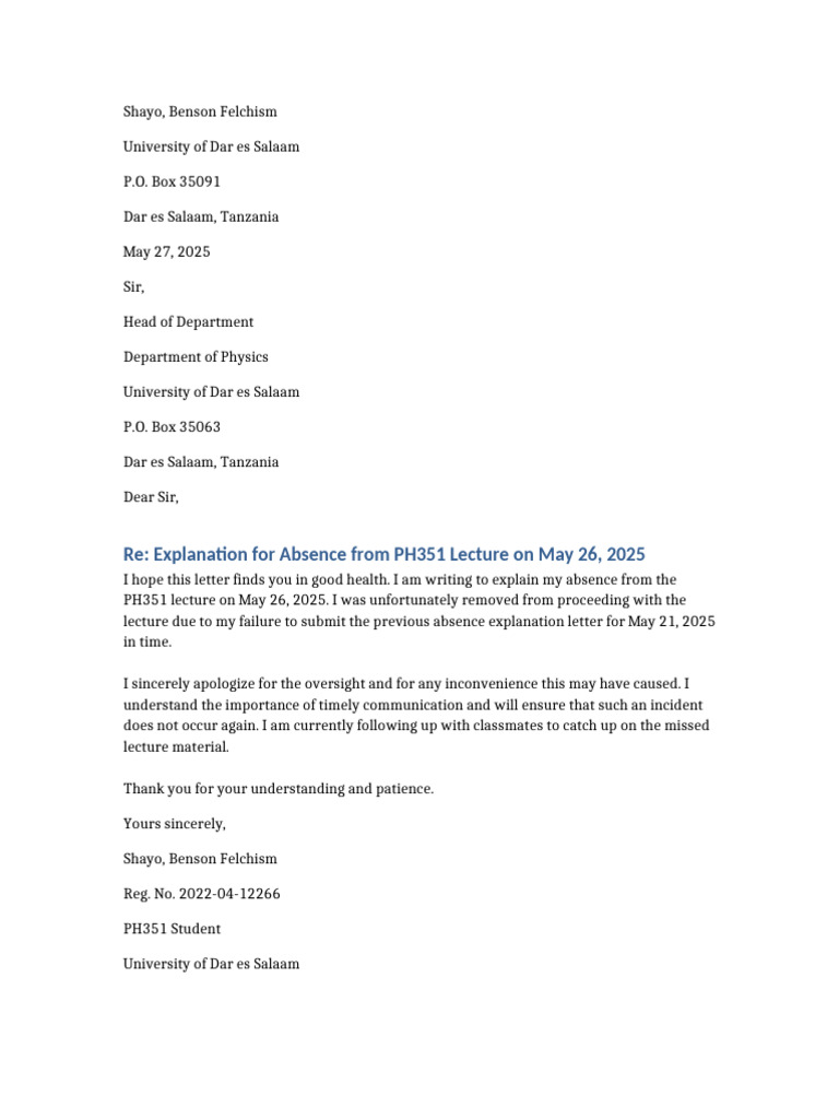 Updated Absence Letter May 26 2025 | PDF