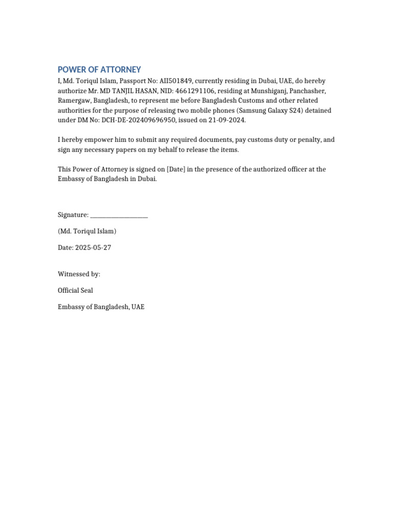 Power of Attorney Toriqul Islam To Tanjil Hasan Final | PDF