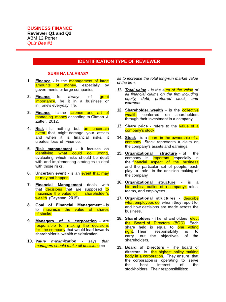 (BF) Module 1 To 4 For Quiz Bee Porter | PDF | Securities (Finance) | Bonds (Finance)
