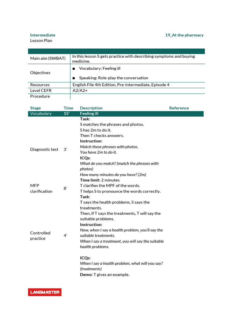 Pharmacy Lesson Plan: Describing Symptoms | PDF | Cognition | Human ...